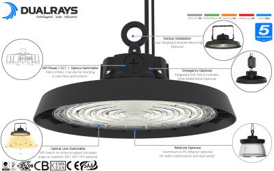 China 200W 150LPW HB5 3 in 1 super highbay with DIP switchable optical lens (60°/90°/110°), power (100%-80%-60%), 3 CCT optional for sale