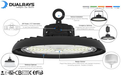 China Warehouse Lighting DUALRAYS LIGHTING HB3 UFO High Bay Light IP65 Aluminum CCT Beam Angle Switchable Indoor Dimmable Supermarket Garage Industrial for sale