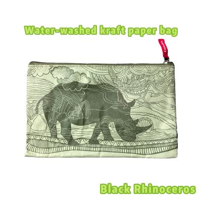 China Washable Kraft Pouch – Dark Olive Green Black Rhinoceros – Reusable Eco Travel Case for sale