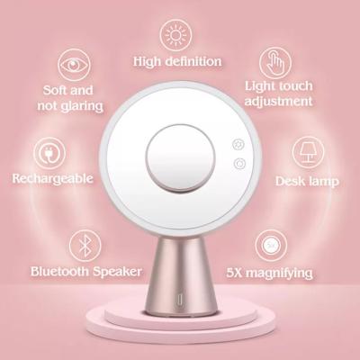 China 2022 New Style 3 in 1 LED Mirror with Bluetooth Speaker Design Rechargeable LED Makeup Mirror Desktop Vanity Wall Mounte for sale