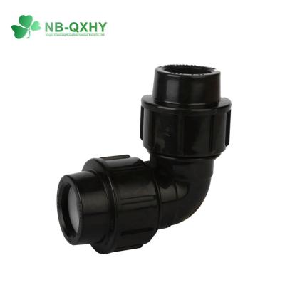 China Deep Blue 16mm to 110mm PP Compression Fittings for Black Socket/Thread 90deg Elbow for sale