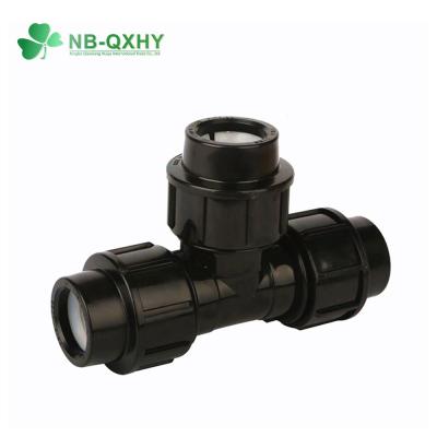 China PP Compression Fitting Straight Tee for Black Color Pipe Equal Connection Flow System for sale