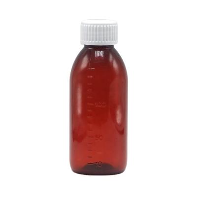 China 150mL PET Empty Syrup Bottle 28mm Neck with Tamper Proof Screw Cap Amber Brown Transparent for sale