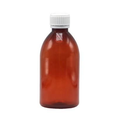 China 250ml Amber PET Liquid Medicine Bottle with 28mm Lid Scaled Container for sale