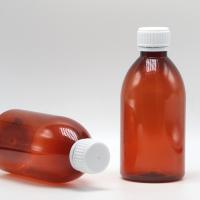 China 250ml Amber PET Liquid Medicine Bottle with 28mm Lid Scaled Container for sale