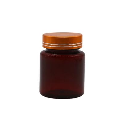 China PET 100cc Amber Round Plastic Bottle with Aluminum Cap for Capsules 43mm Neck for sale