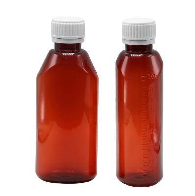 China 200ml Oval Amber PET Liquid Medicine Bottle with 28mm Neck and Scale for sale