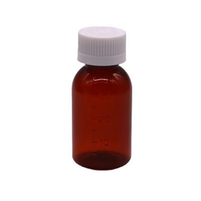 China 30ml PET Amber Plastic Syrup Liquid Bottle with Tamper Proof Screw Cap 30ml Capacity for sale