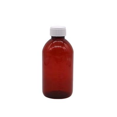 China 250ml Amber PET Liquid Medicine Bottle 28mm Screw Cap Pharmacy Container for sale