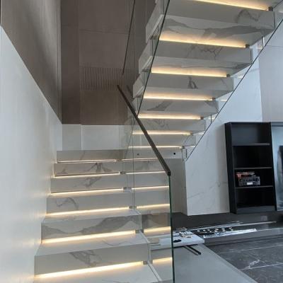 China Custom Sintered Stone LED Staircase 20 Steps Zig Zag Stainless Steel Stringer for sale