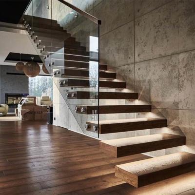 China Modern Wood Floating Staircase Design for Indoor Commercial Building 300mm Stringer for sale