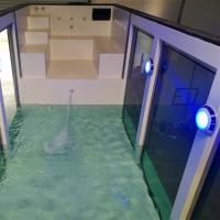 China Luxury Prefab Portable Container Swimming Pool 12m x 2.25m with High Strength Glass Wall for sale