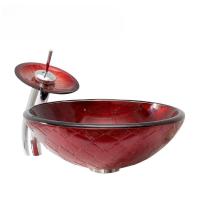 China Tempered Glass Waterfall Faucet Sink 420mm Round Red Bathroom Basin Above Counter Mount for sale