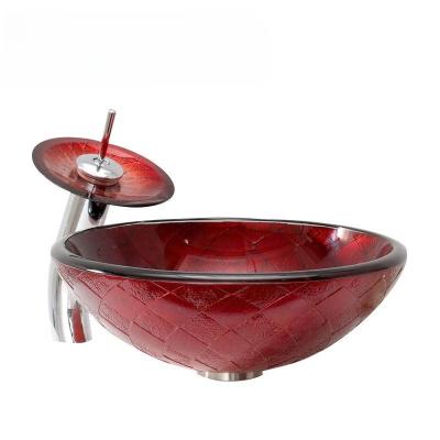 China Tempered Glass Waterfall Faucet Sink 420mm Round Red Bathroom Basin Above Counter Mount for sale
