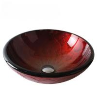 China Tempered Glass Waterfall Faucet Sink 420mm Round Red Bathroom Basin Above Counter Mount for sale