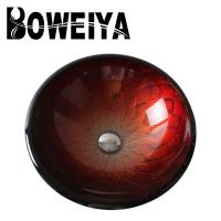 China Tempered Glass Waterfall Faucet Sink 420mm Round Red Bathroom Basin Above Counter Mount for sale