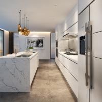 China Wood Veneer Modular Kitchen Cabinets 18mm Melamine Board Marble Top Cupboard for sale