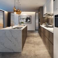 China Wood Veneer Modular Kitchen Cabinets 18mm Melamine Board Marble Top Cupboard for sale