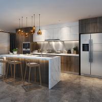 China Wood Veneer Modular Kitchen Cabinets 18mm Melamine Board Marble Top Cupboard for sale