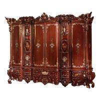 China Custom Solid Wood European Style Red Four Door Wardrobe Hand Carved Bedroom Closet 2000mm for sale