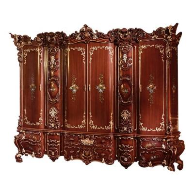 China Custom Solid Wood European Style Red Four Door Wardrobe Hand Carved Bedroom Closet 2000mm for sale