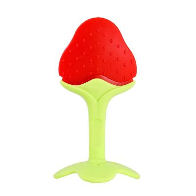 China Strawberry Shape Gentle Rubber Silicone Baby Teether Food Grade For Infant Teething With Size 8*7.3 cm Weight Is 44 Gram for sale