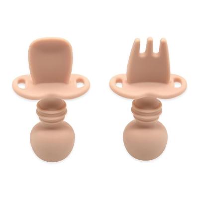 China Cartoon Silicone Baby Forks Spoons in Different Yellow Colors 2 Pieces Set Size 9.5x9.5x4 Cm Weight 48 Gram for sale
