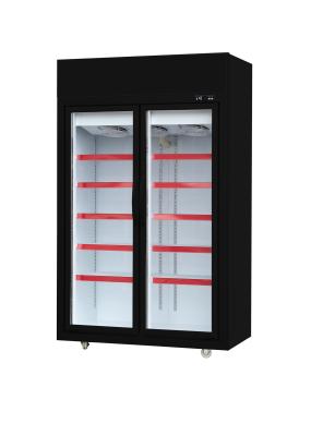 China Fan Cooling Vertical Glass Door Freezer 1250L Capacity 800W Power for Convenience Stores for sale