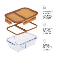 China IKOO Amber Color Divided Glass Container with 4 Lock PP Lid and High Borosilicate Glass for 580ml-980ml Food Storage for sale
