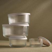 China Lightweight Striped Glass Food Container with PE Lid - Dishwasher Safe Borosilicate Glass Storage for sale