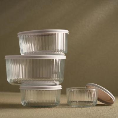 China Lightweight Striped Glass Food Container with PE Lid - Dishwasher Safe Borosilicate Glass Storage for sale