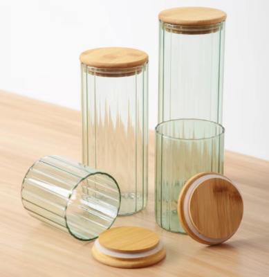 China Borosilicate Glass Canister with Bamboo Lid Color Sprayed Stripe Design for sale