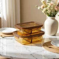 China IKOO Amber Color Divided Glass Container with 4 Lock PP Lid and High Borosilicate Glass for 580ml-980ml Food Storage for sale