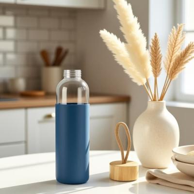 China IKOO 600ml Borosilicate Glass Water Bottle with Bamboo Lid and Protective Silicone Sleeve for sale