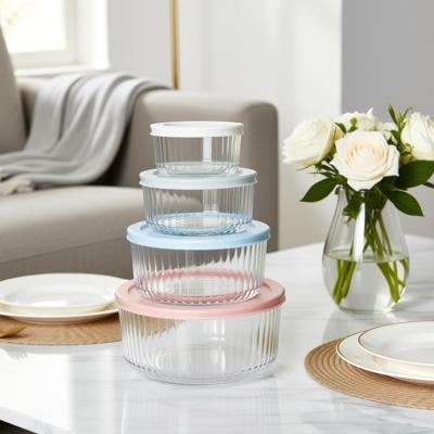 China IKOO 236ml 472ml 944ml Ribbed Round Glass Food Container with PE Lid Microwave Oven Freezer Safe for sale