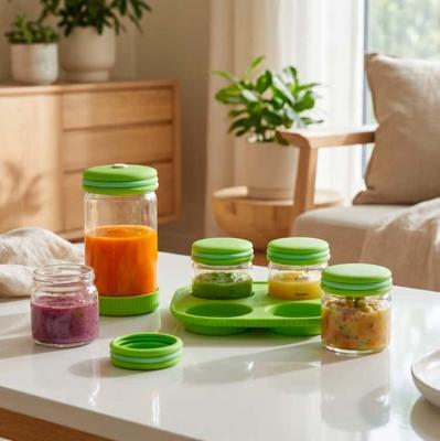 China IKOO Glass Baby Food Containers with Silicone Lids, Small Baby Food Storage Jars with Tray Freezer, Fridge, Microwave and Dishwasher Safe for sale