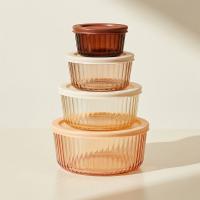 China IKOO Glass Containers Supplier Color Sprayed Vertical striped Glass Food Containers with PE Lid for sale