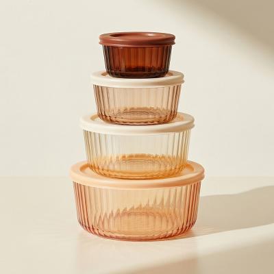 China IKOO Glass Containers Supplier Color Sprayed Vertical striped Glass Food Containers with PE Lid for sale