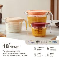 China IKOO 3 pcs glass measuring cups set with lids set 1-Cup, 2-cup, 4-cup measuring jugs with handle, nesting liquid measuring cups for kitchen for sale