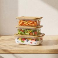 China IKOO Microwave Safe Bamboo Lid Borosilicate Glass Food Container for sale