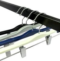 China Hand-painted flat plastic trouser hanger with customizable hooks and clips and logo printing for clothing stores for sale