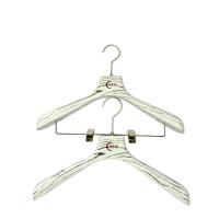 China White Stripes Plastic Coat Hanger with Curved Wide Shoulder Design for Suits and Coats - 45cm Length for sale