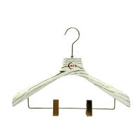 China White Stripes Plastic Coat Hanger with Curved Wide Shoulder Design for Suits and Coats - 45cm Length for sale