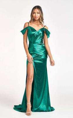China Elegant Off Shoulder High Slit Satin Long Bridesmaid Dress Natural Waistline Satin Fabric for sale