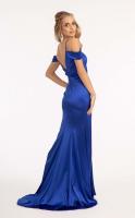 China Elegant Off Shoulder High Slit Satin Long Bridesmaid Dress Natural Waistline Satin Fabric for sale