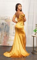 China Elegant Off Shoulder High Slit Satin Long Bridesmaid Dress Natural Waistline Satin Fabric for sale