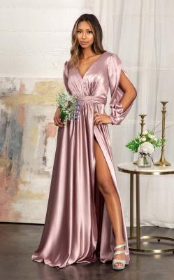 China V Neck A Line Satin Maxi Bridesmaid Dress with Slit Long Sleeve Sweep Train for Wedding for sale