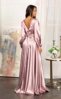 China V Neck A Line Satin Maxi Bridesmaid Dress with Slit Long Sleeve Sweep Train for Wedding for sale