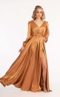 China V Neck A Line Satin Maxi Bridesmaid Dress with Slit Long Sleeve Sweep Train for Wedding for sale