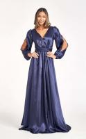 China V Neck A Line Satin Maxi Bridesmaid Dress with Slit Long Sleeve Sweep Train for Wedding for sale